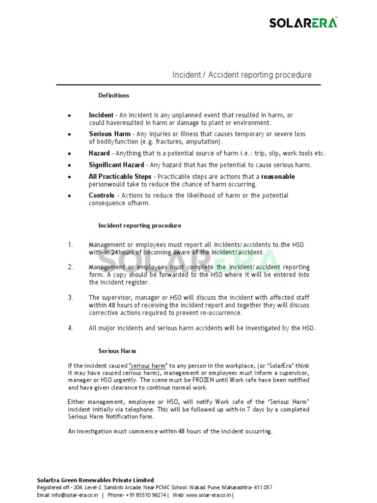 Incident / Accident Reporting Procedure: Definitions | PDF | Hazards ...