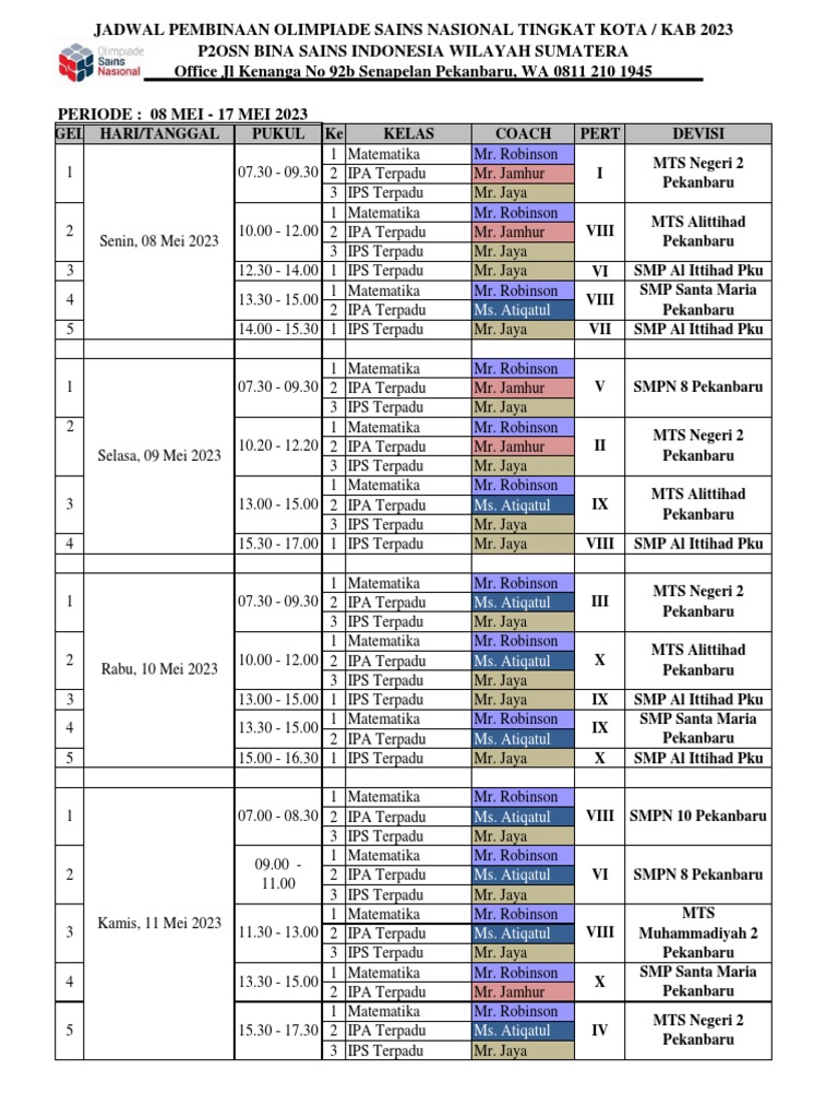 Jadwal Pembinaan Osn 07 - 17 Mei 2023 | PDF