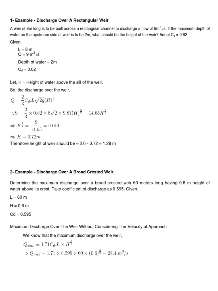 Weir Discharge Calculations Guide | PDF | Home & Garden | Science ...