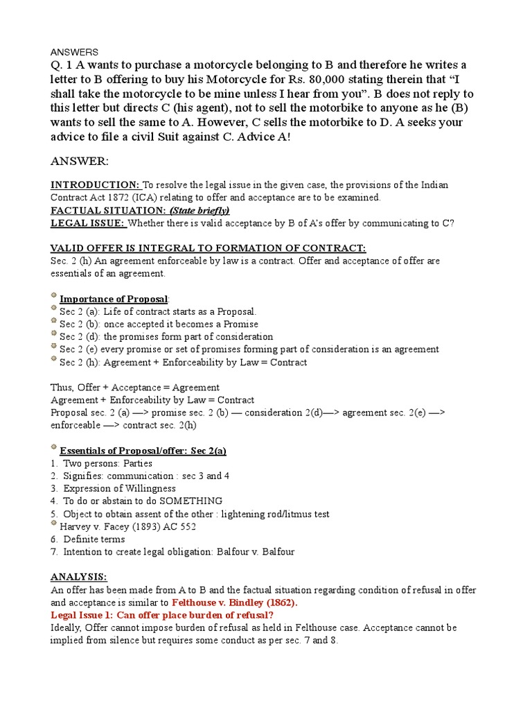 Contract Act Subjective Questions Answers | Download Free PDF | Damages | Offer And Acceptance