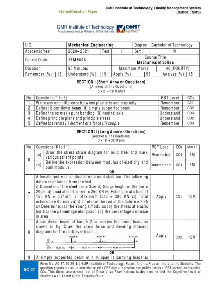 2nd Btech MECH 2020-21 MOS Ses-Q4 PDF | PDF | Bending | Beam (Structure)