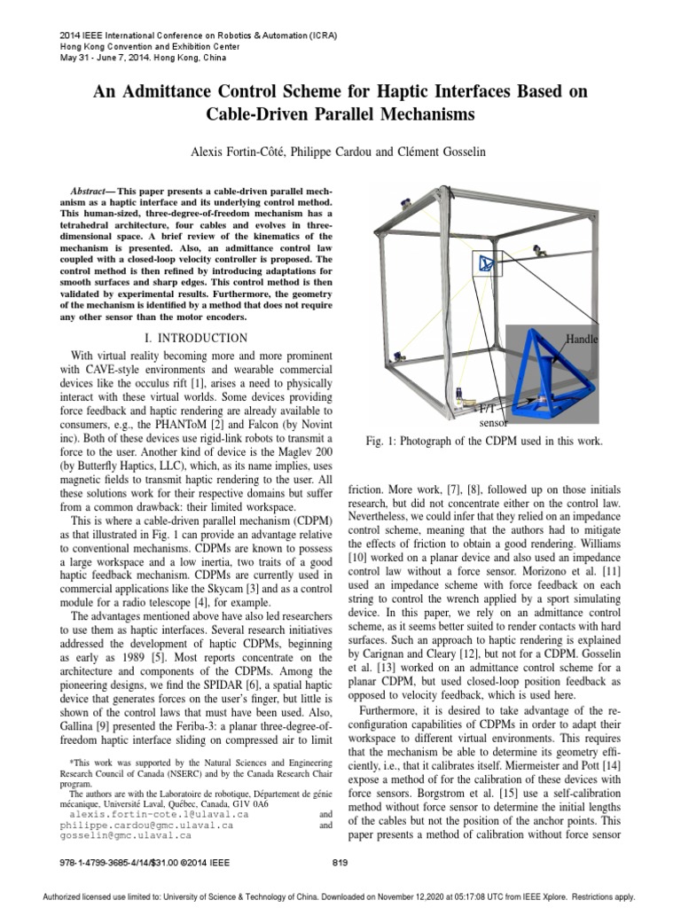 An Admittance Control Scheme For Haptic Interfaces Based On Cable-Driven Parallel Mechanisms ...