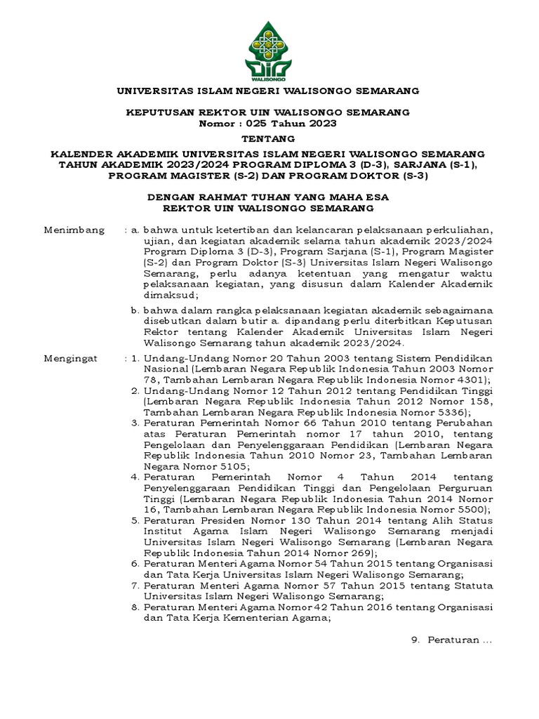 Kalender Akademik UIN Walisongo 2023/2024 | PDF