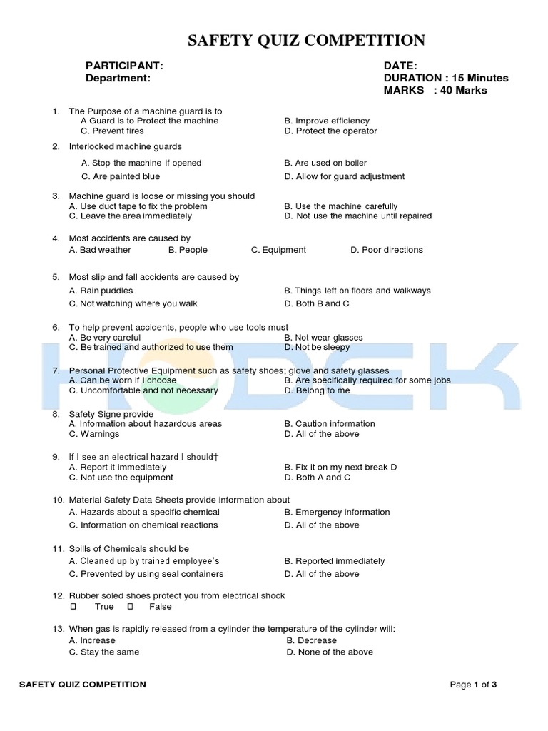 Safety Quiz | PDF | Switch | Fires