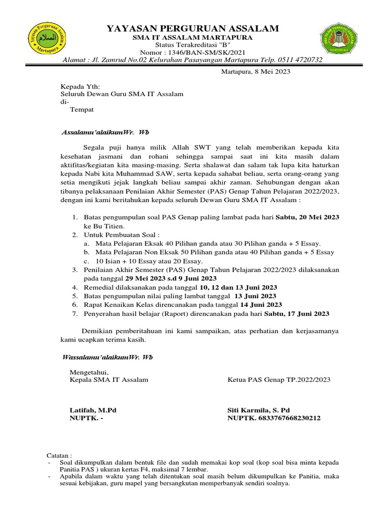 Surat Edaran Guru-PAS Genap 2023 | PDF