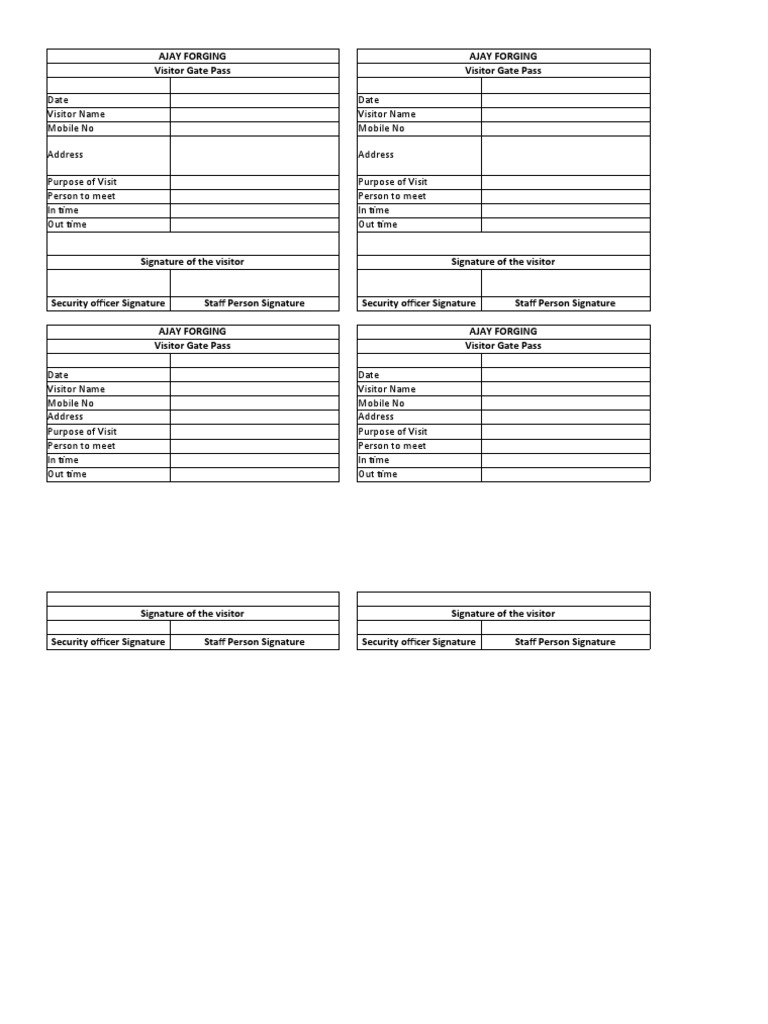 Visitor Gate Pass Format in Excel | PDF