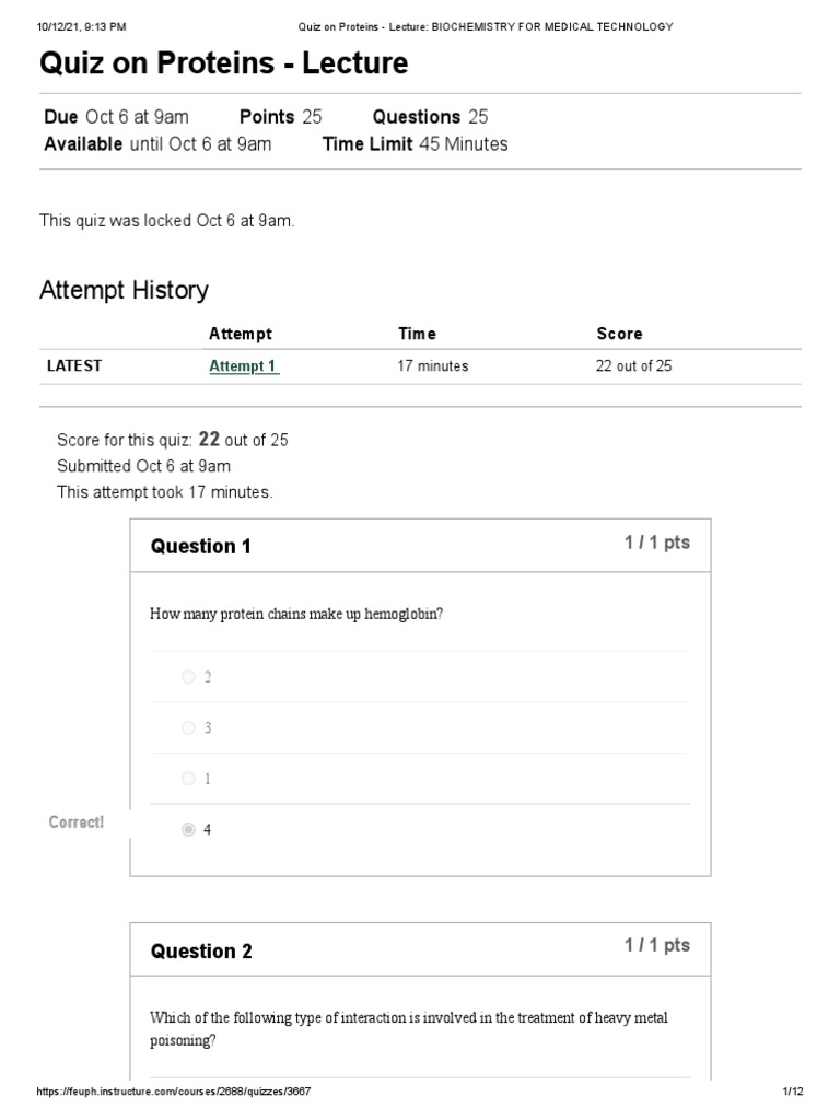 Quiz On Proteins Lecture Biochemistry For Medical Technology PDF | PDF