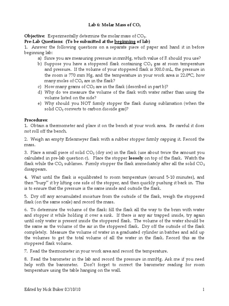 121 NLab 6 Molar Mass CO2 | Download Free PDF | Mole (Unit) | Carbon ...
