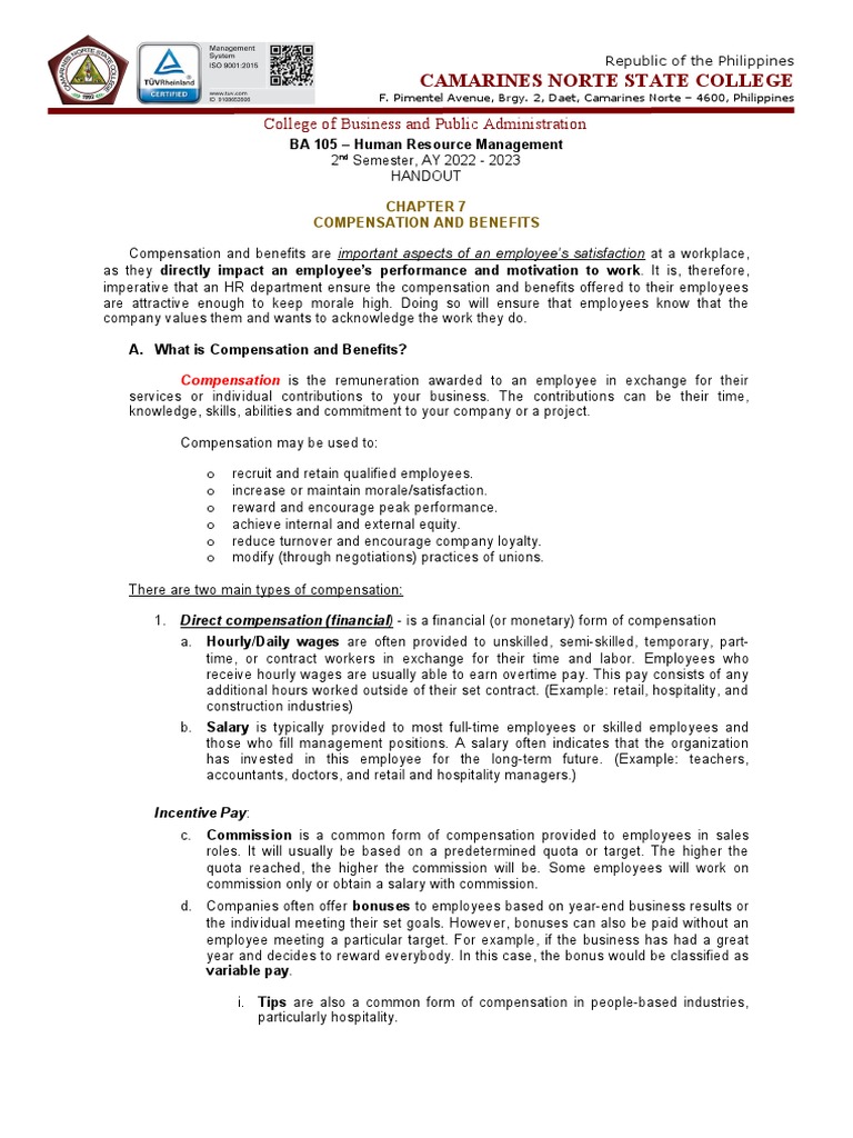 Chapter 7 Compensation Benefits | PDF | Compensation And Benefits | Employment