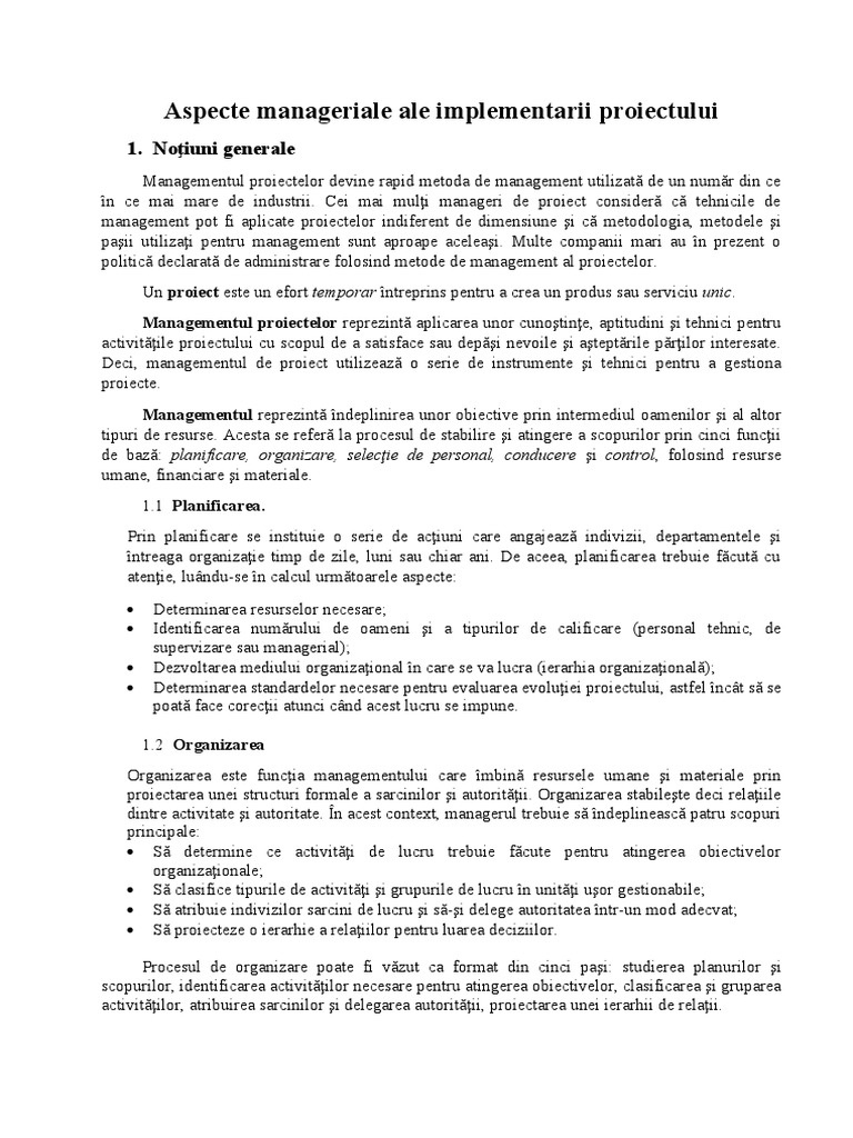 Aspecte Management Proiect de Licenta | PDF