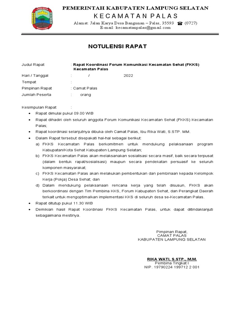Template Notulensi Rapat FKKS 2022 Palas | PDF