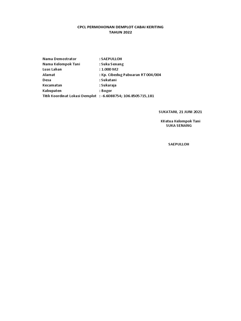 CPCL Permohonan Demplot Cabai Keriting 2022 | PDF