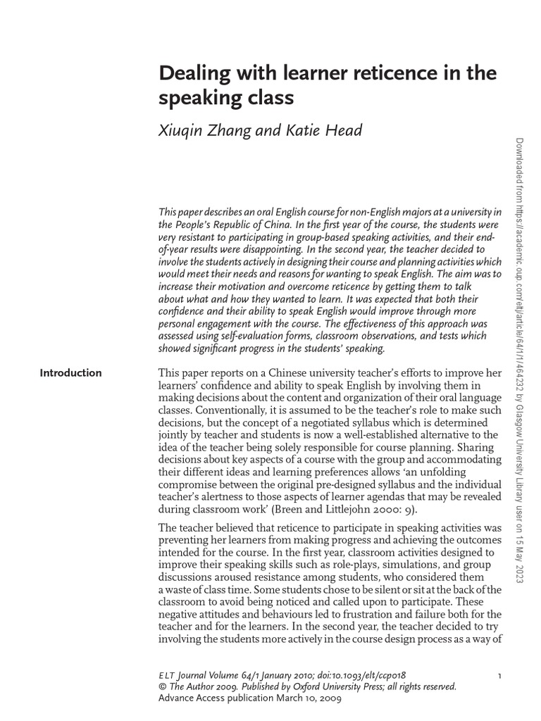 Dealing With Learner Reticence in The Speaking Class | PDF | Teachers ...