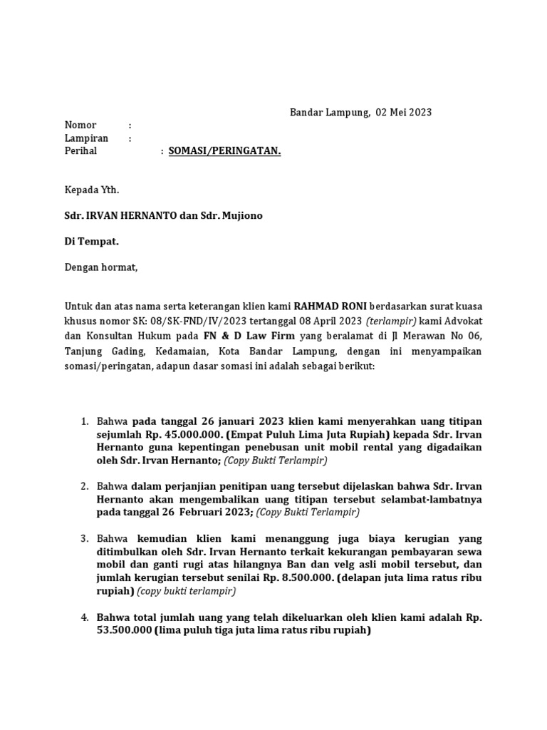 Draft Somasi Rahmad Roni | PDF