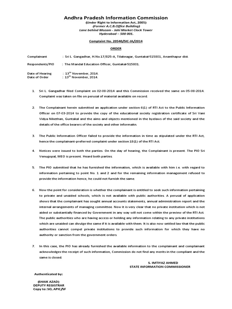 Andhra Pradesh RTI order on private school info | PDF | Justice | Crime ...