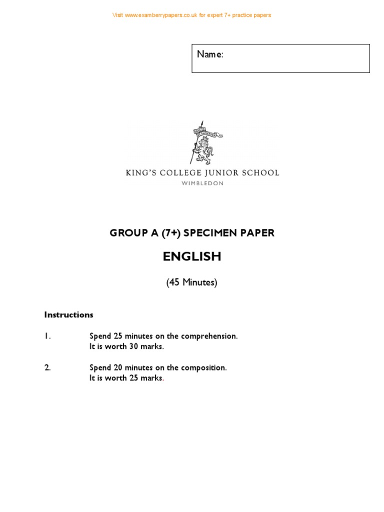 EP Kings College Junior School Wimbledon 7 Plus Specimen English Paper ...
