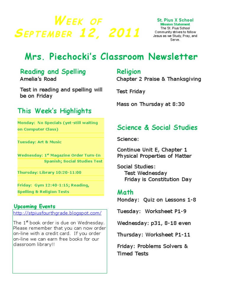 Mrs. Piechocki's Weekly Classroom Update | PDF