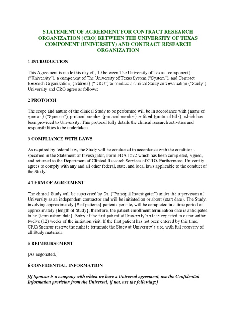Contract Research Organization Agreement (Sample) | PDF | Indemnity ...