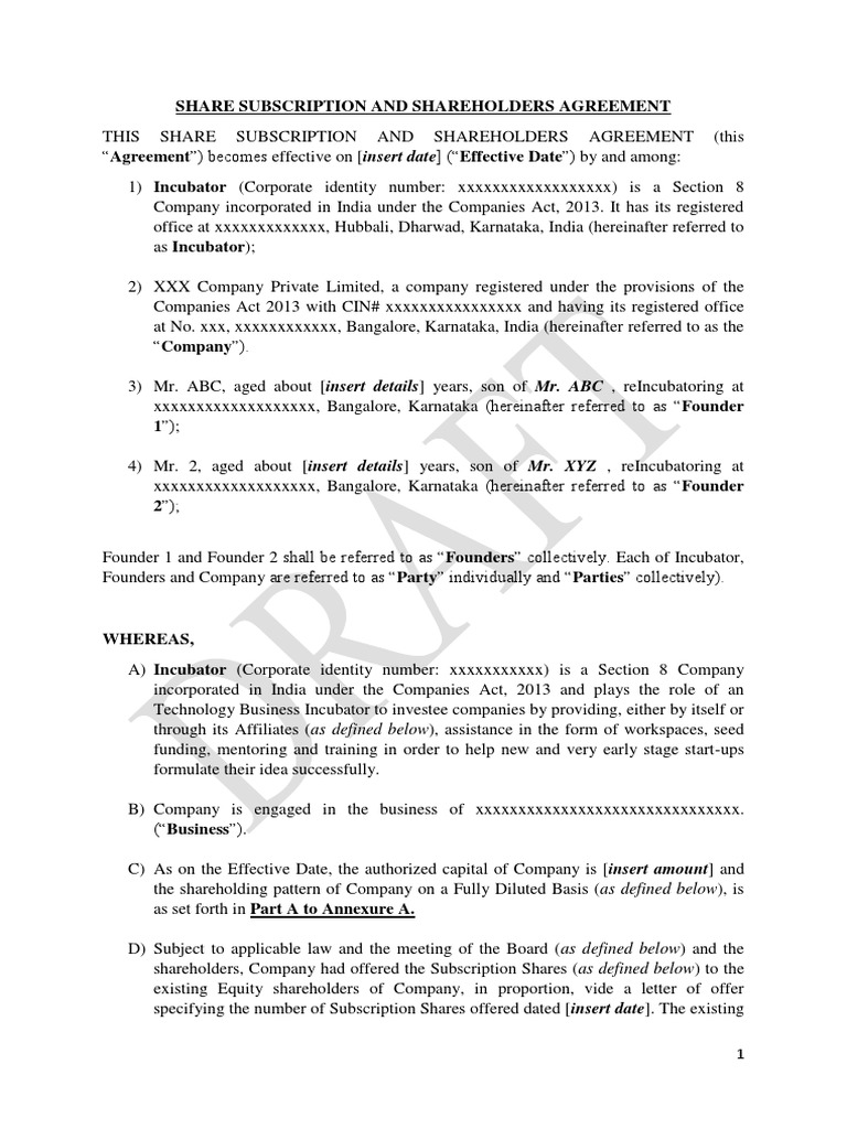 Share Subscription and Shareholders Agreement (Sample) | Download Free ...