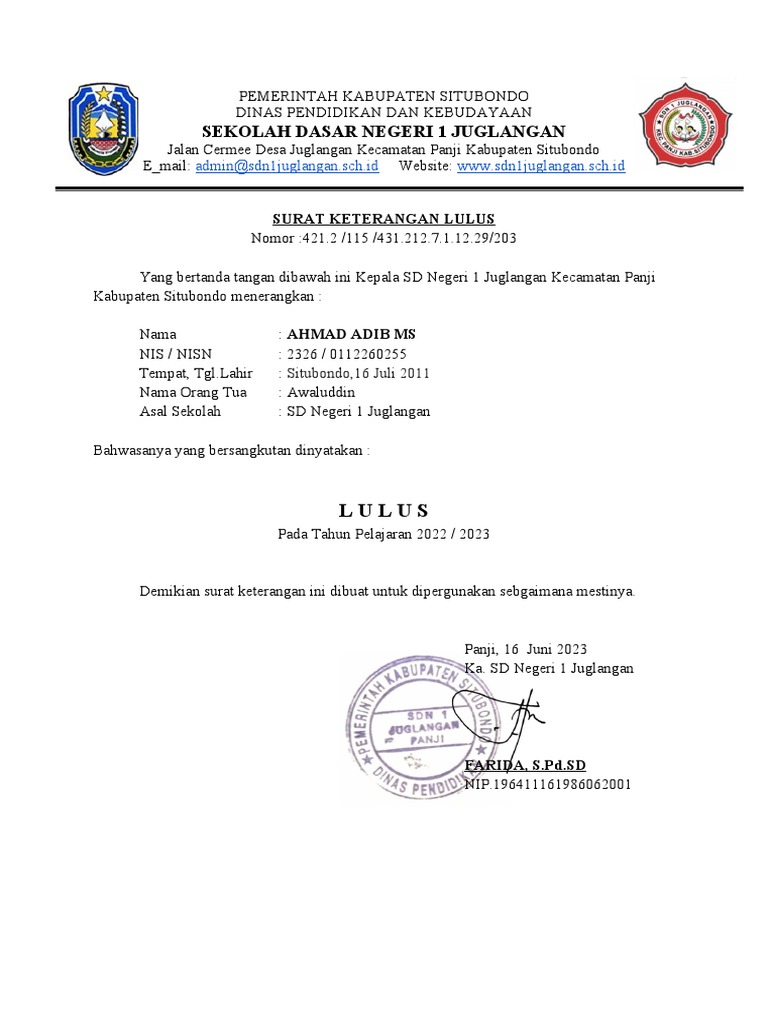 Contoh SKL SD 2023 | PDF