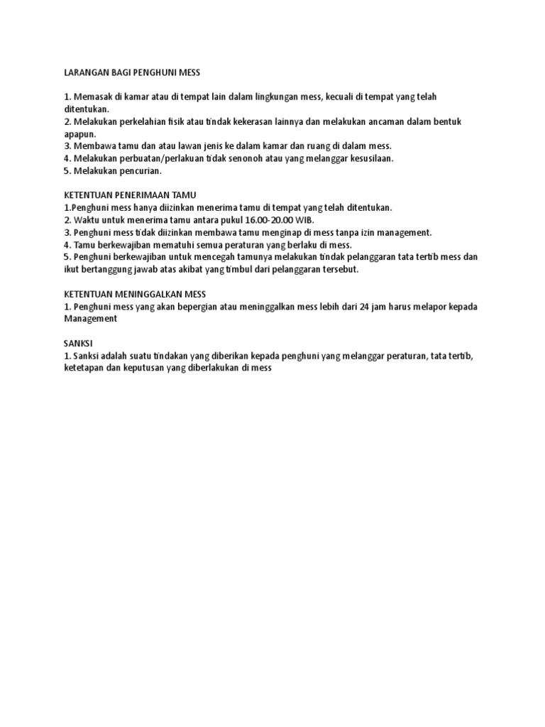 Larangan Bagi Penghuni Mess | PDF