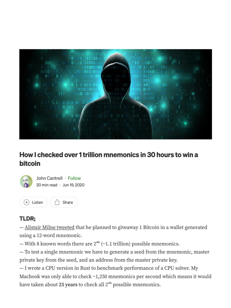 1 Trillion Mnemonics in 30 Hours To Win A Bitcoin - by John Cantrell - Medium | PDF
