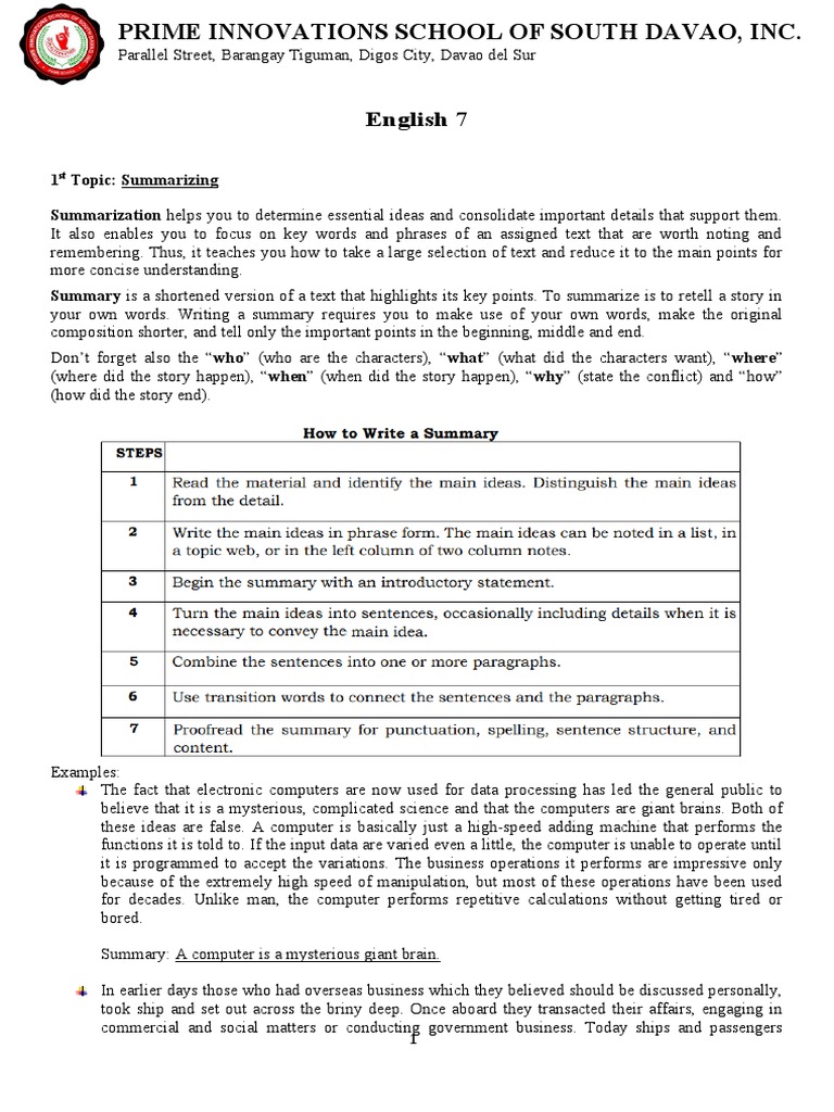 Summarizing Grade 7 | PDF