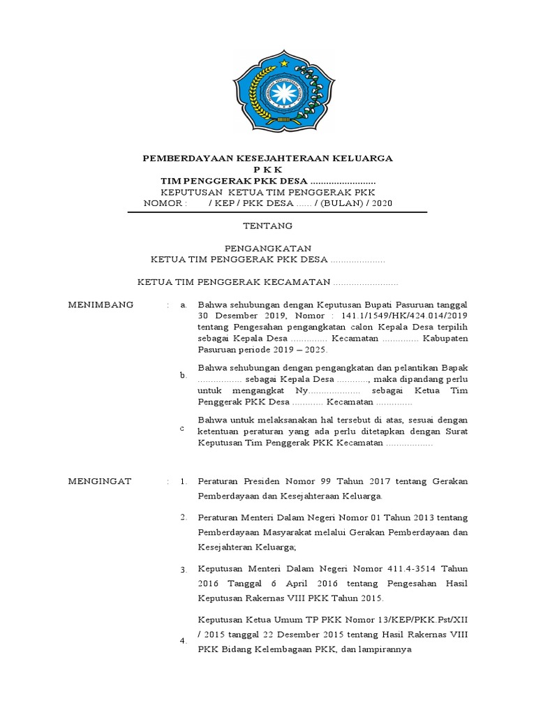 Contoh SK PKK Desa Kec Kejayan | PDF