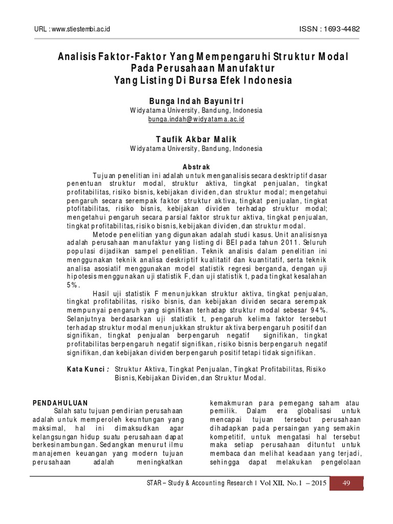 Analisis Faktor-Faktor Yang Mempengaruhi Struktur Modal Pada Perusahaan Manufaktur Yang Listing ...