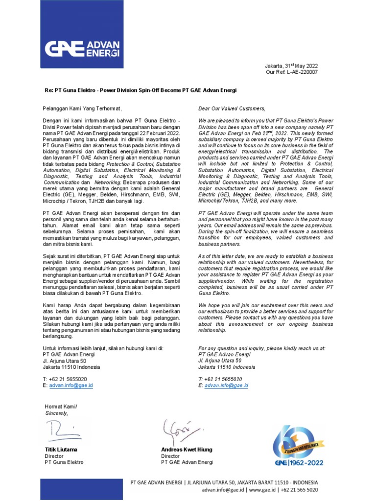 PT GAE Advan Energi - Letter To Customers | PDF