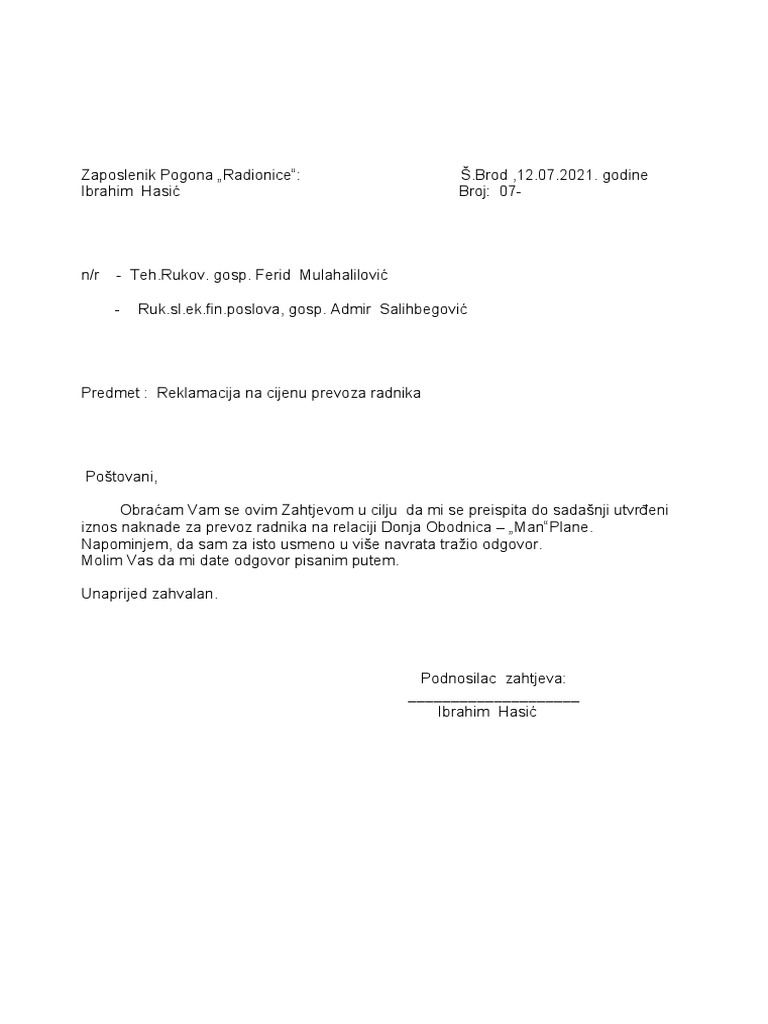 Zahtjev Za Prevoz Radnika | PDF