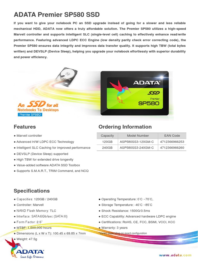 Adata Primer SP580 SSD | PDF | Solid State Drive | Hard Disk Drive