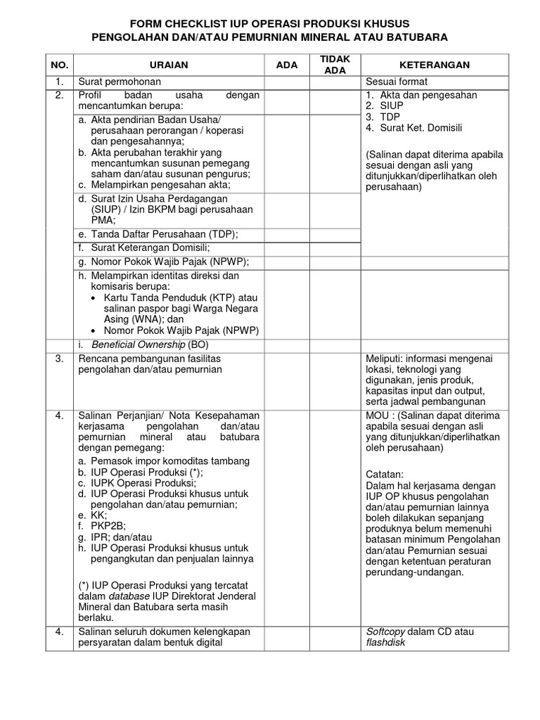 Form Checklist Iup Operasi Produksi Khusus Olah Murni 1 | PDF