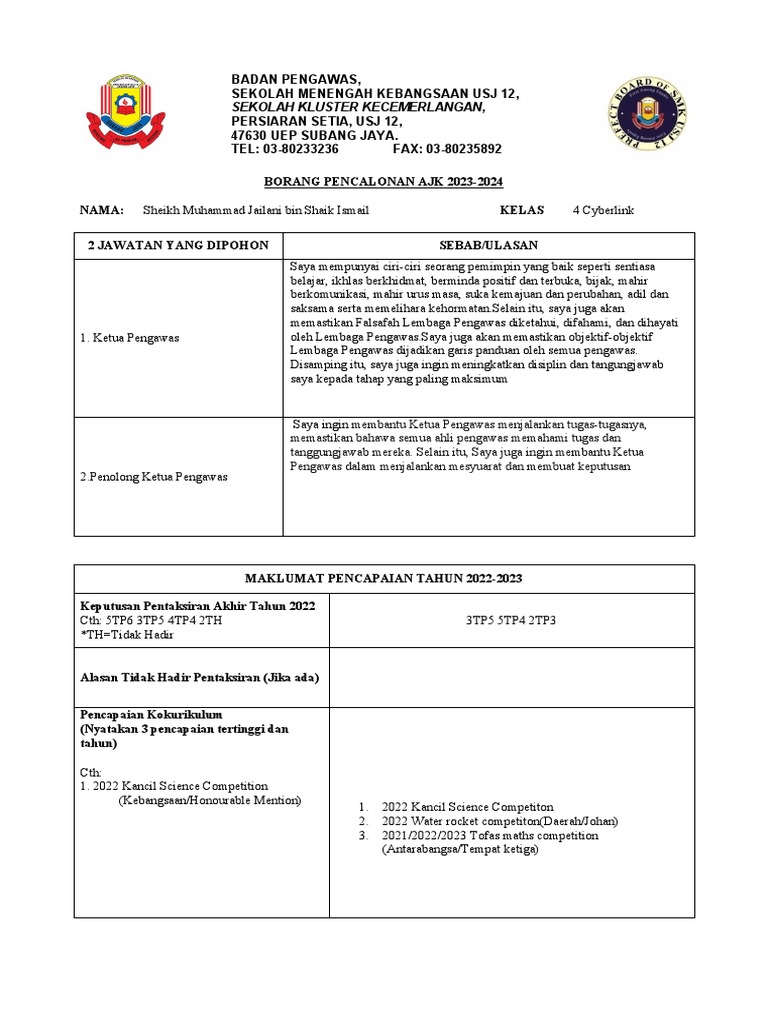 Borang Pencalonan AJK 2023-2024 | PDF