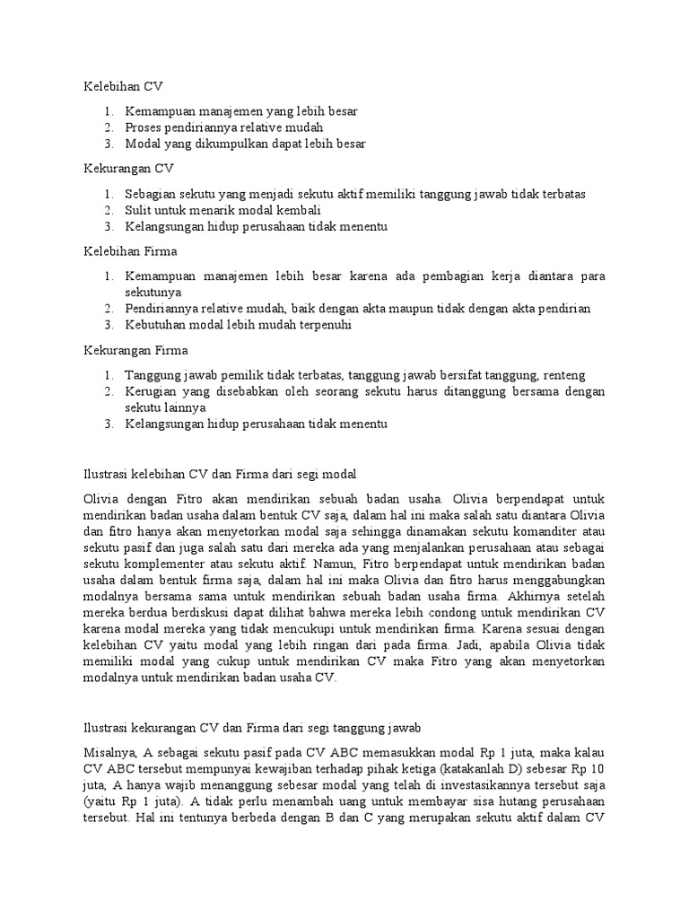 KELEBIHAN DAN KEKURANGAN CV DAN FIRMA | PDF KELEBIHAN DAN KEKURANGAN CV DAN FIRMA | PDF