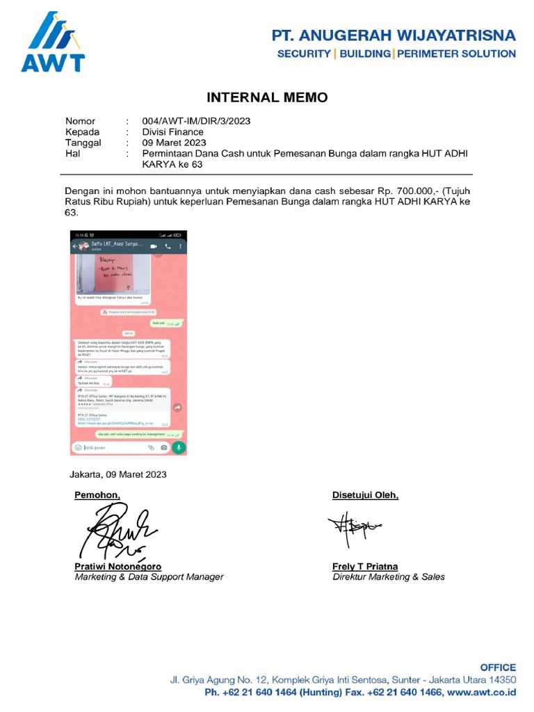 Approval Internal Memo AWT - Pemesanan Bunga HUT ADHI 63 (For Finance) | PDF