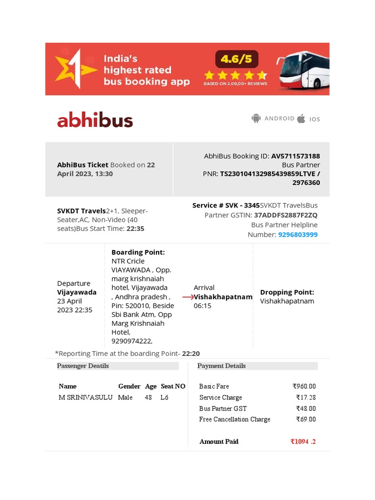 AbhiBus Ticket Booked On 22 April 2023 | PDF