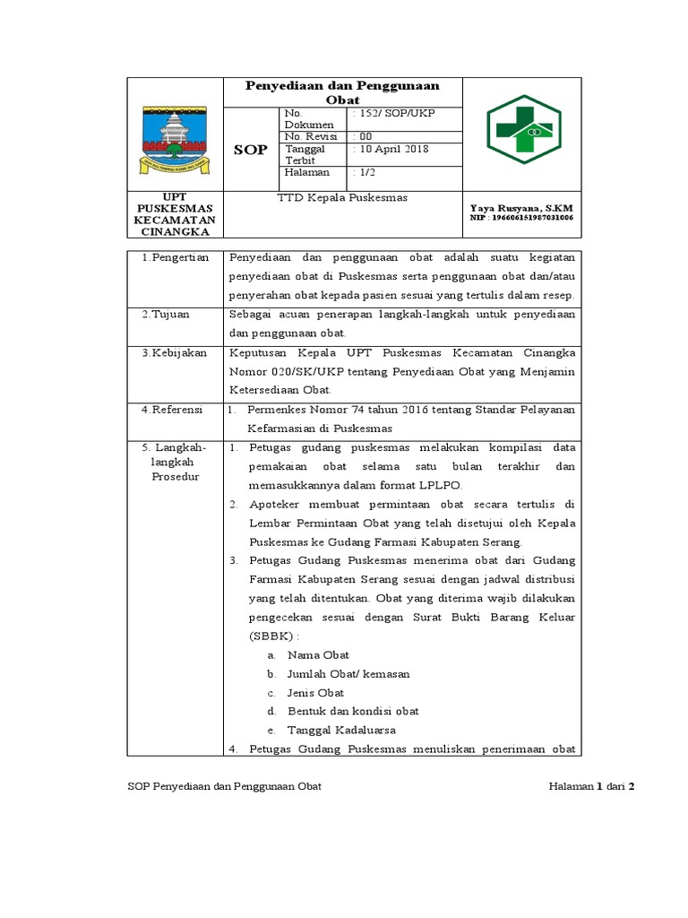 SOP Penyediaan dan Penggunaan Obat | PDF