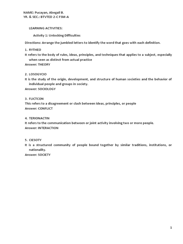 Sociology Learning Activities Guide | PDF | Career & Growth