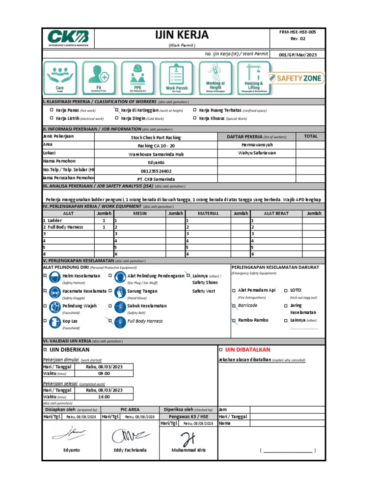 FRM-HSE-HSE-05 Rev. 02 _Form Ijin Kerja SSH (Work Permit Form) | PDF