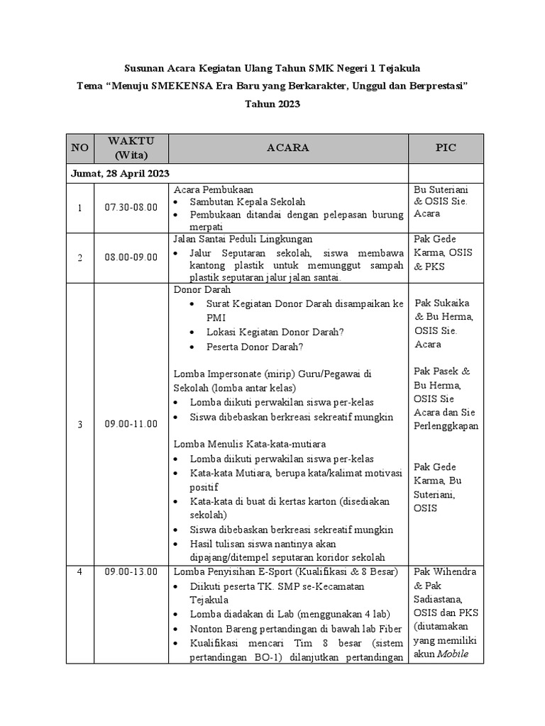 Susunan Acara Kegiatan Ulang Tahun SMK Negeri 1 Tejakula | PDF