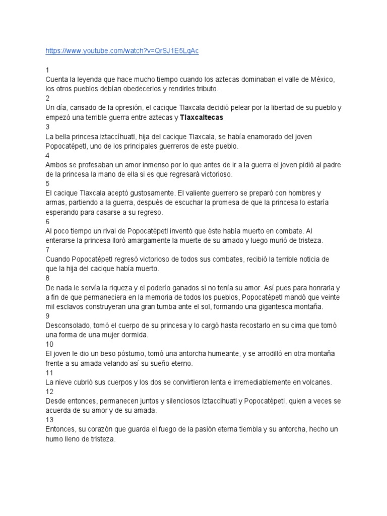 Leyenda de Popocatepetl e Iztaccihuatl | PDF