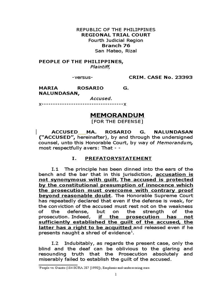 Memorandum-Criminal Case | PDF | Witness | Burden Of Proof (Law)