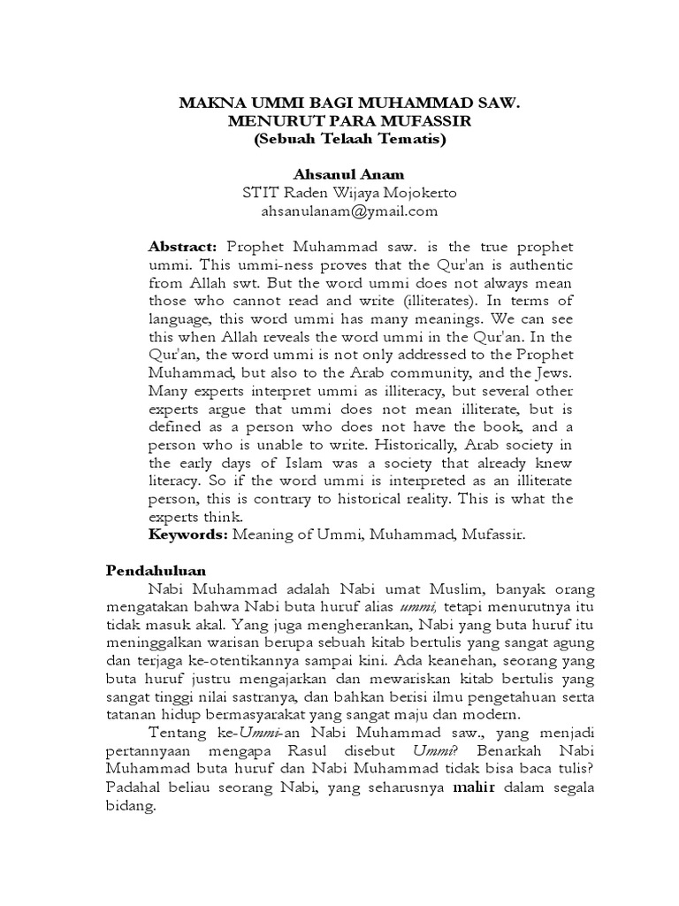 Makna Ummi Bagi Muhammad Saw. Menurut para Mufassir (Sebuah Telaah ...