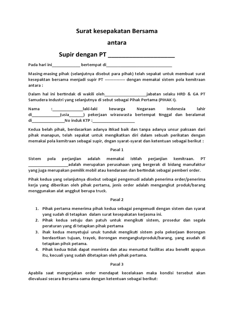 Surat Perjanjian Kerjasama Sopir | PDF