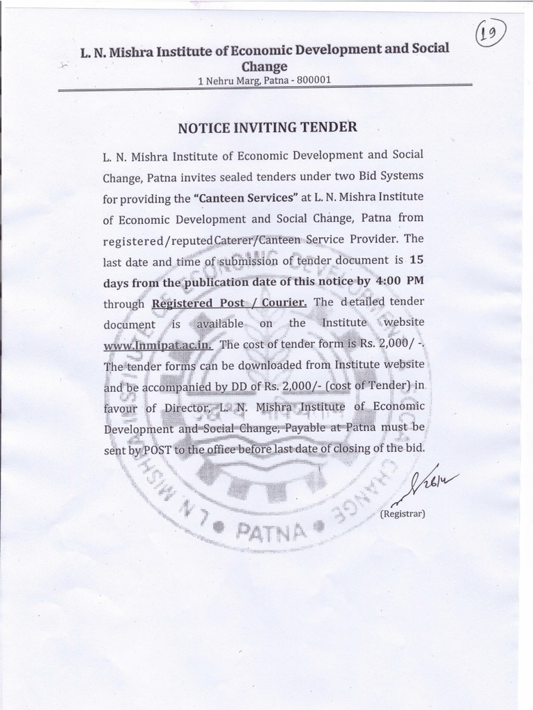 Canteen Services Tender at LNMI Patna | PDF | Employment | Business