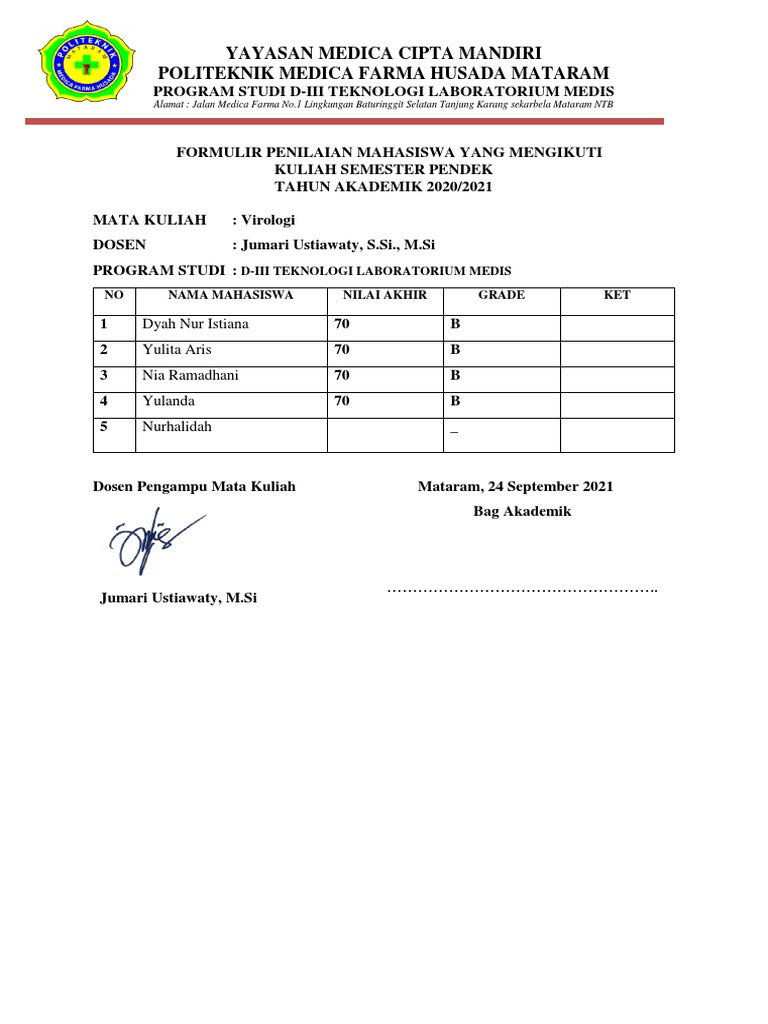 Form Nilai KSP Virologi (2) 24 Sep 2021 | PDF