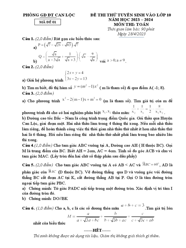 Hdc Thi Thử Toán Váo Lớp 10 Năm Học 2023 2024 Lần 4 Ct Pdf