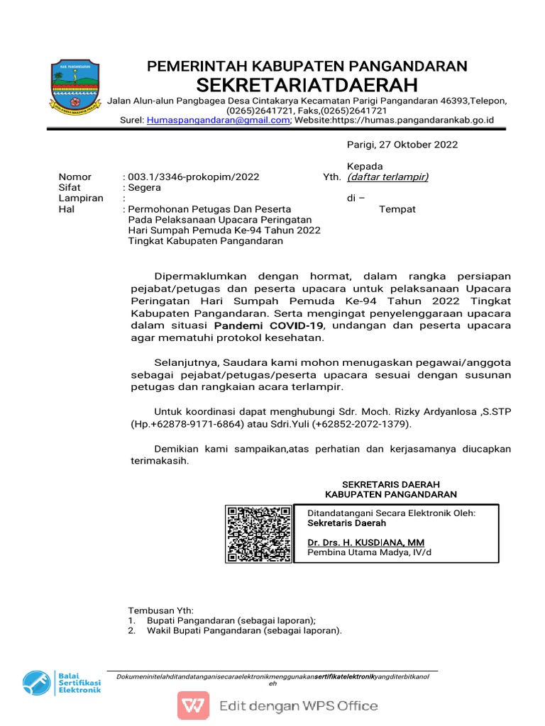 Surat Permohonan Petugas Dan Peserta Up HSP 2022 (1) | PDF