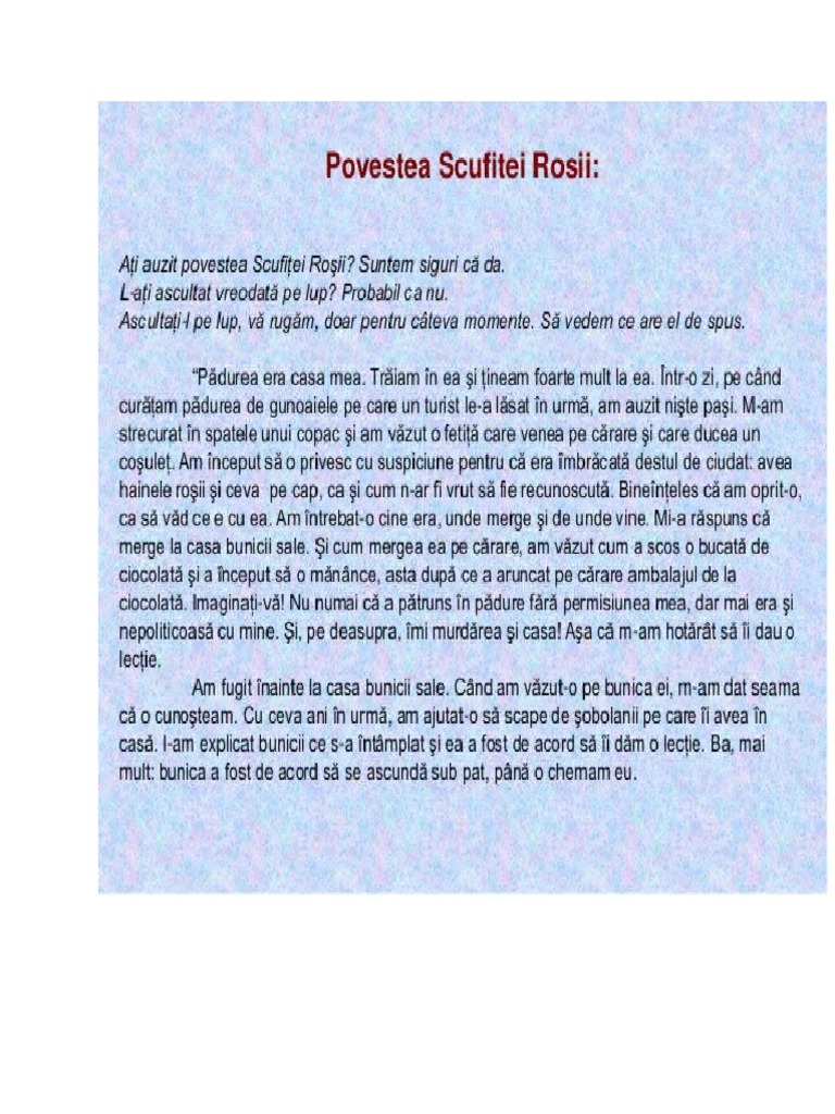 Povestea Lupului Din Scufita Rosie | PDF
